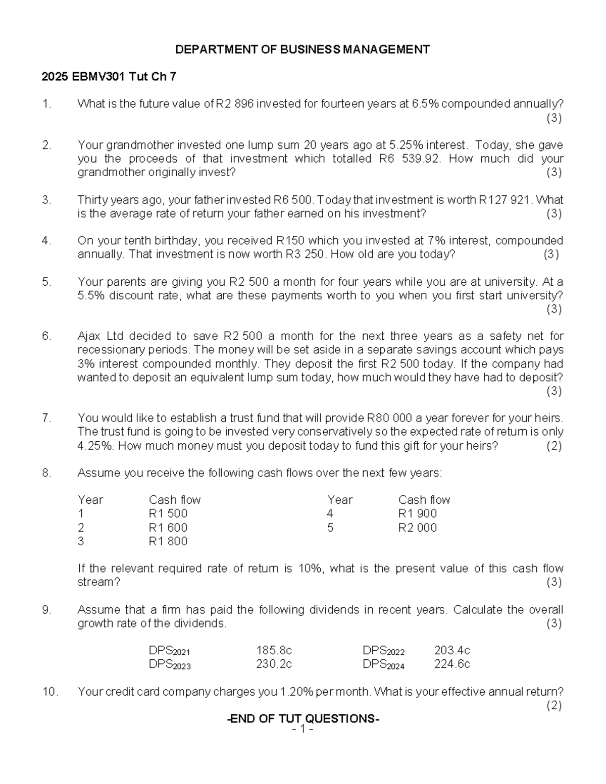 EBMV301 Tut Chapter 7 Practice Questions on Future Value & Investments ...