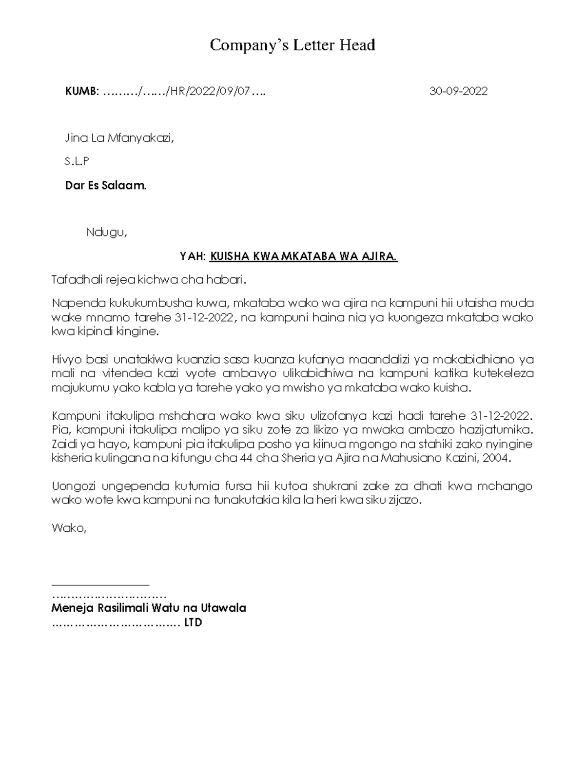 Kumaliza Mkataba WA KAZI HR 2022: Barua ya Kumbukumbu kwa Mfanyakazi ...