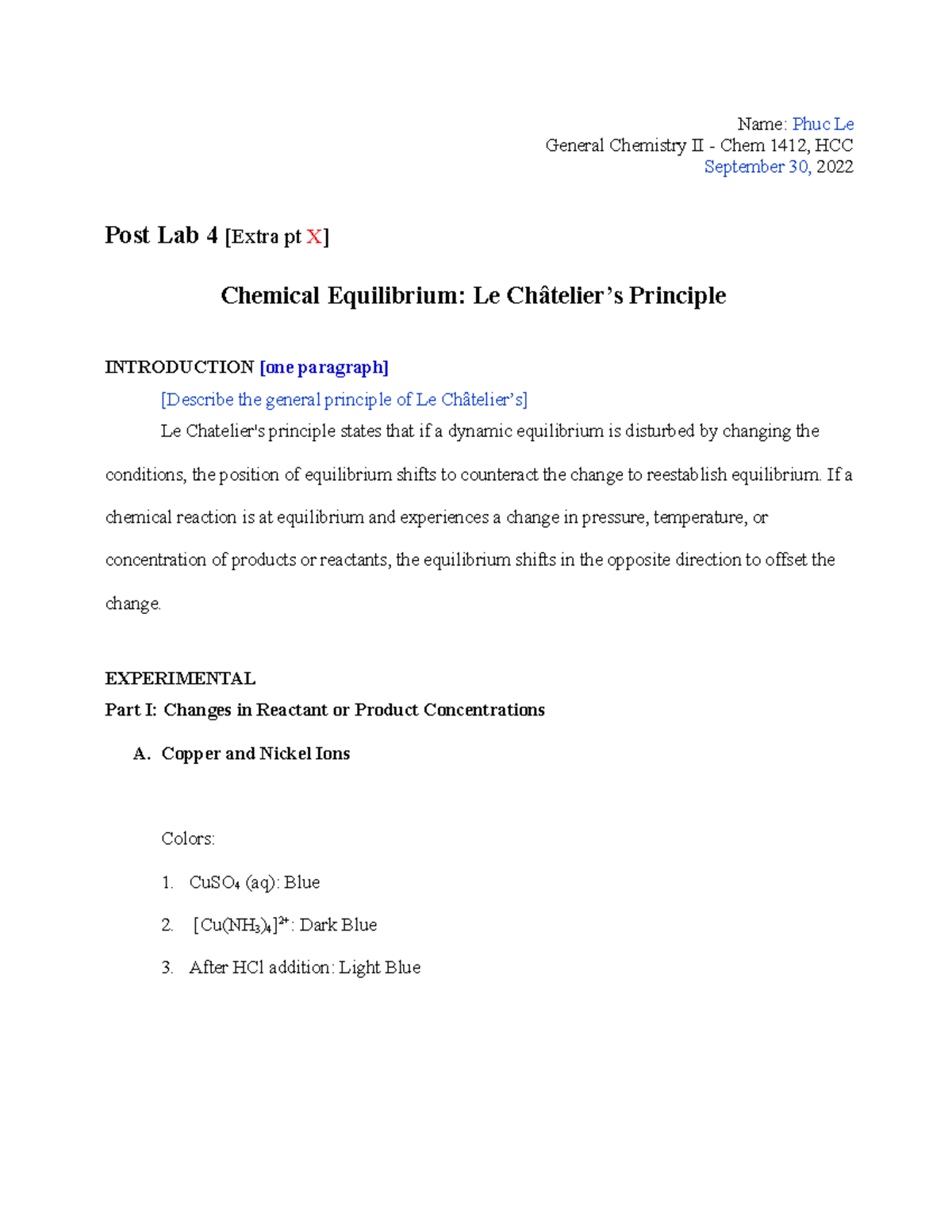 Experiment 4 Chemical Equilibrium Le Chatelier's Principle CHEM 1412 ...