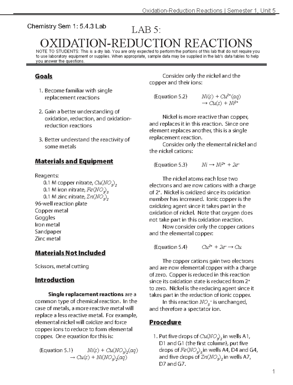 5.4.3 Lab: Single Replacement Reactions in Chemistry Sem 1 - Studocu