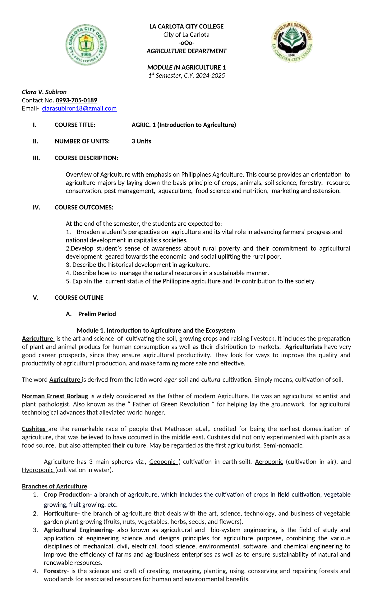 Agric. 1 Module: Introduction to Agriculture and Ecosystems - Studocu