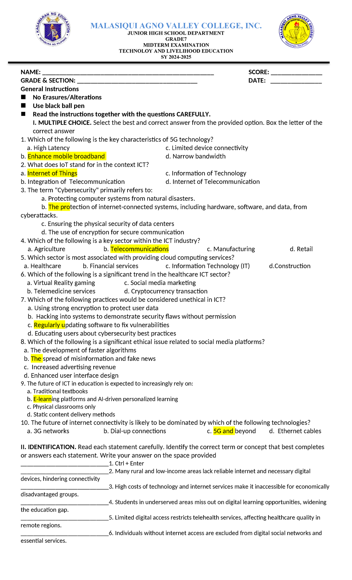 Midterm Exam Review - TLE 7: Technology & Livelihood Education - Studocu