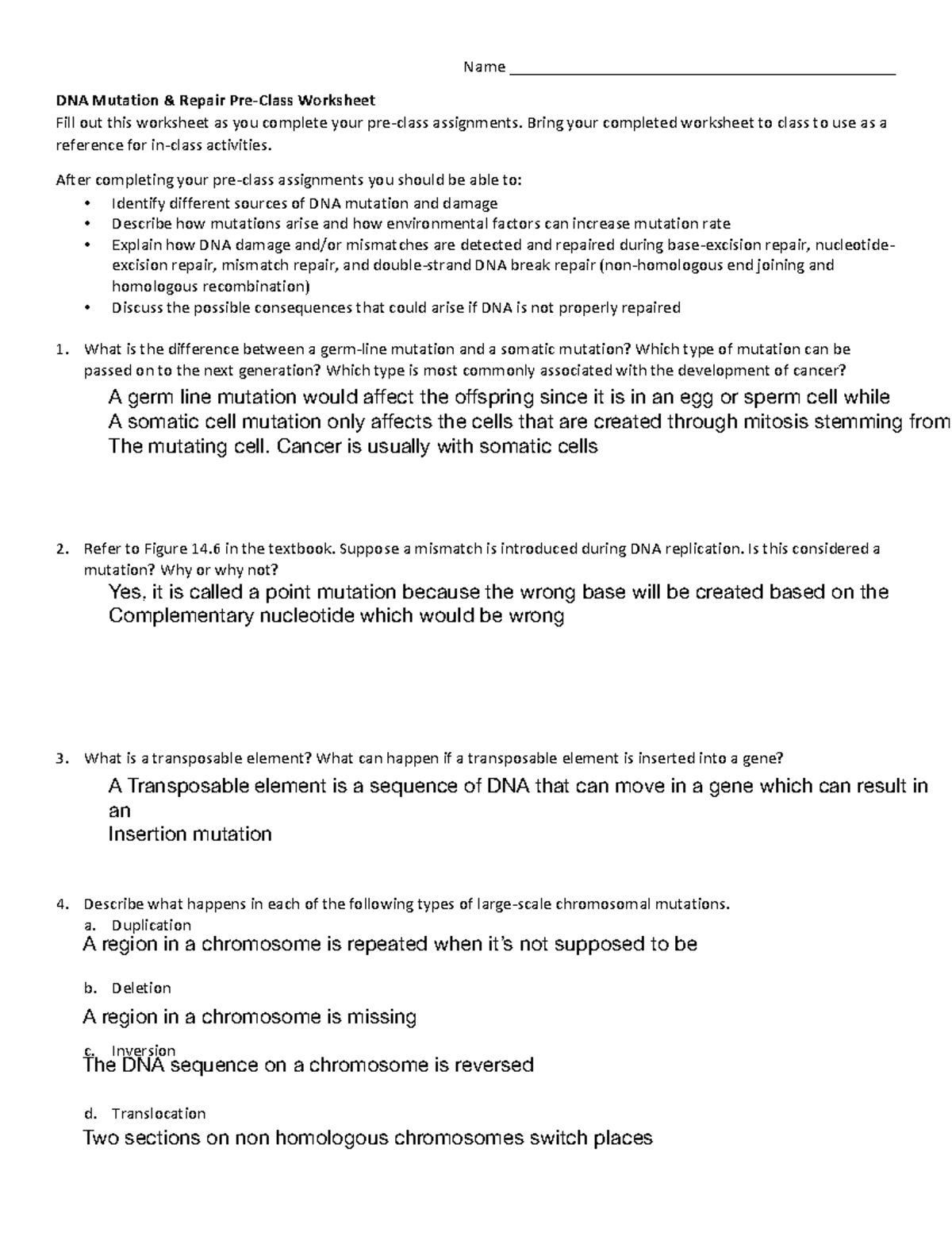 Week 10a DNA Mutation and Repair Reading Guide - Name