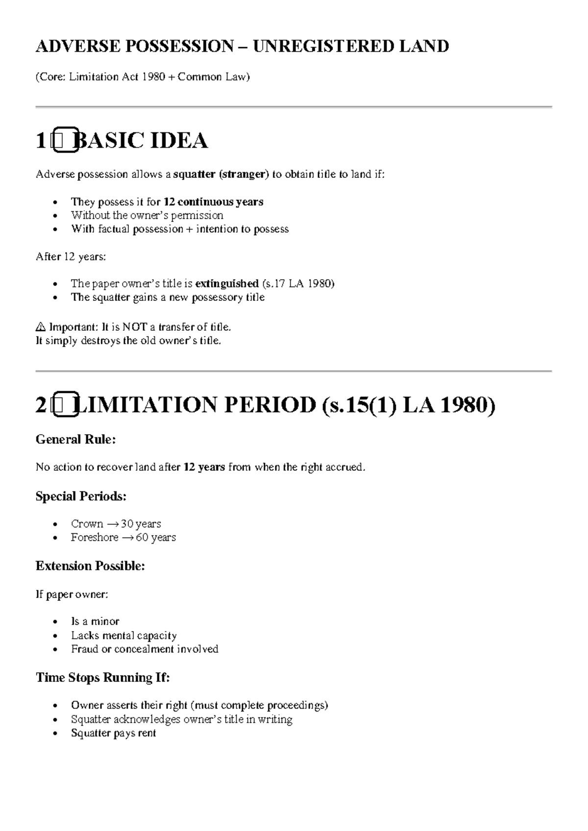 Adverse Possession Notes (Core: Limitation Act 1980 & Land Law) - Studocu