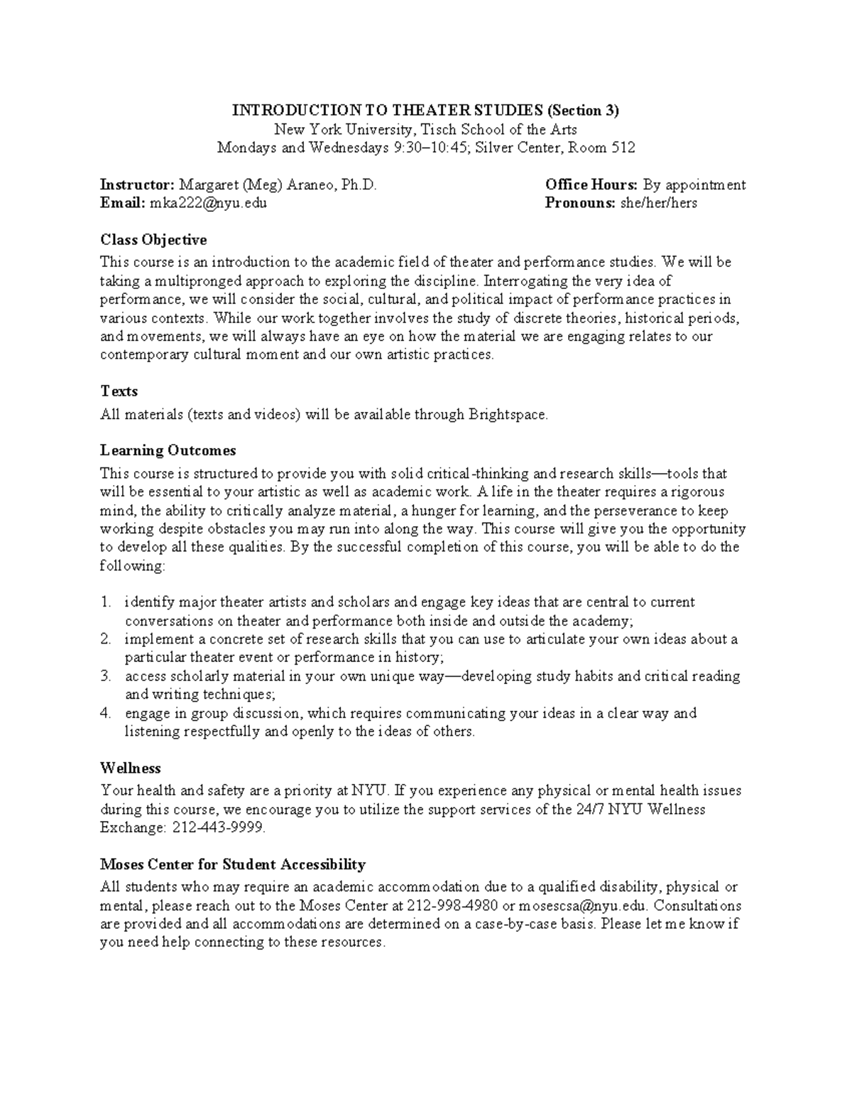 Final Syllabus for Introduction to Theater Studies (ITS) - Spring 2024 ...