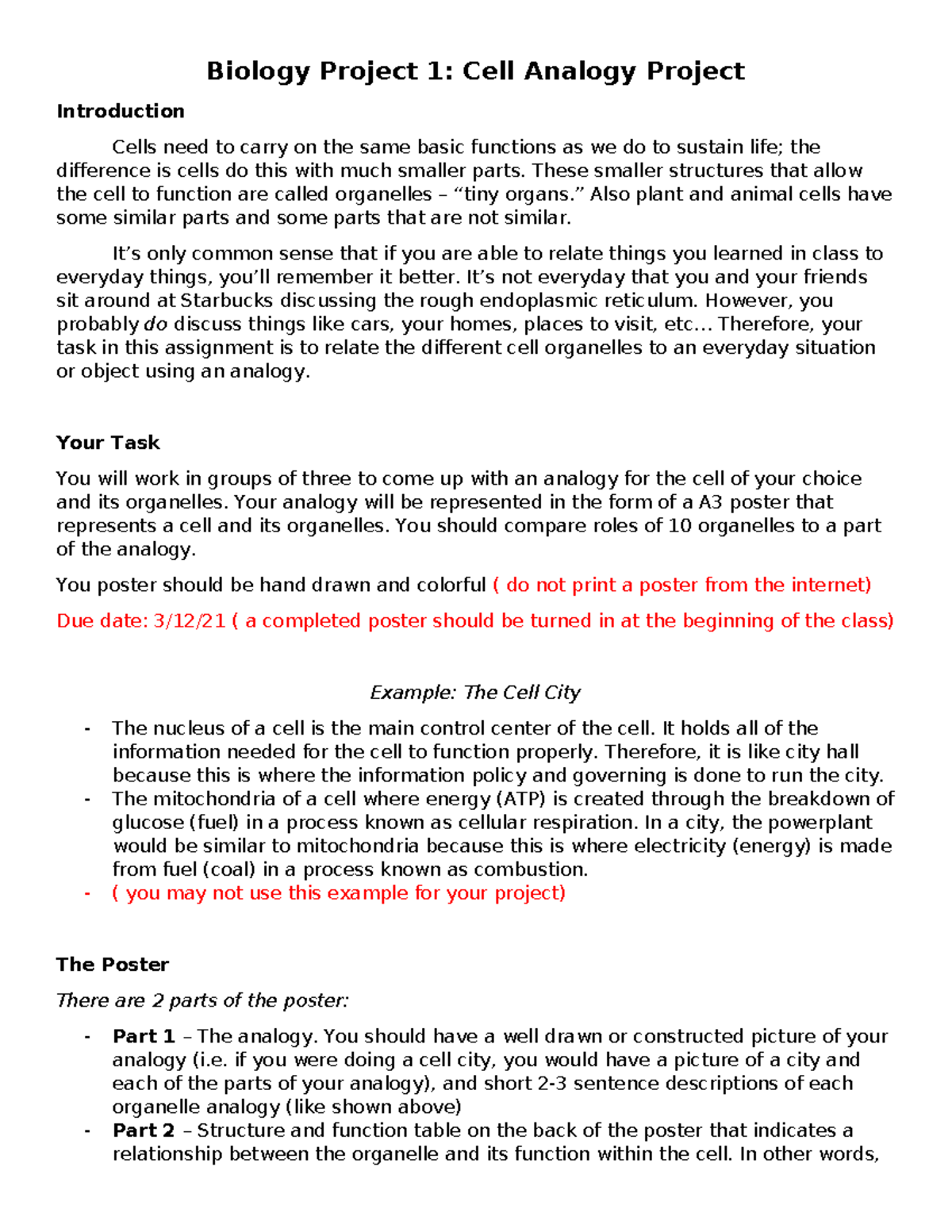 Biology 101: Cell Analogy Project Guidelines and Grading Rubric - Studocu