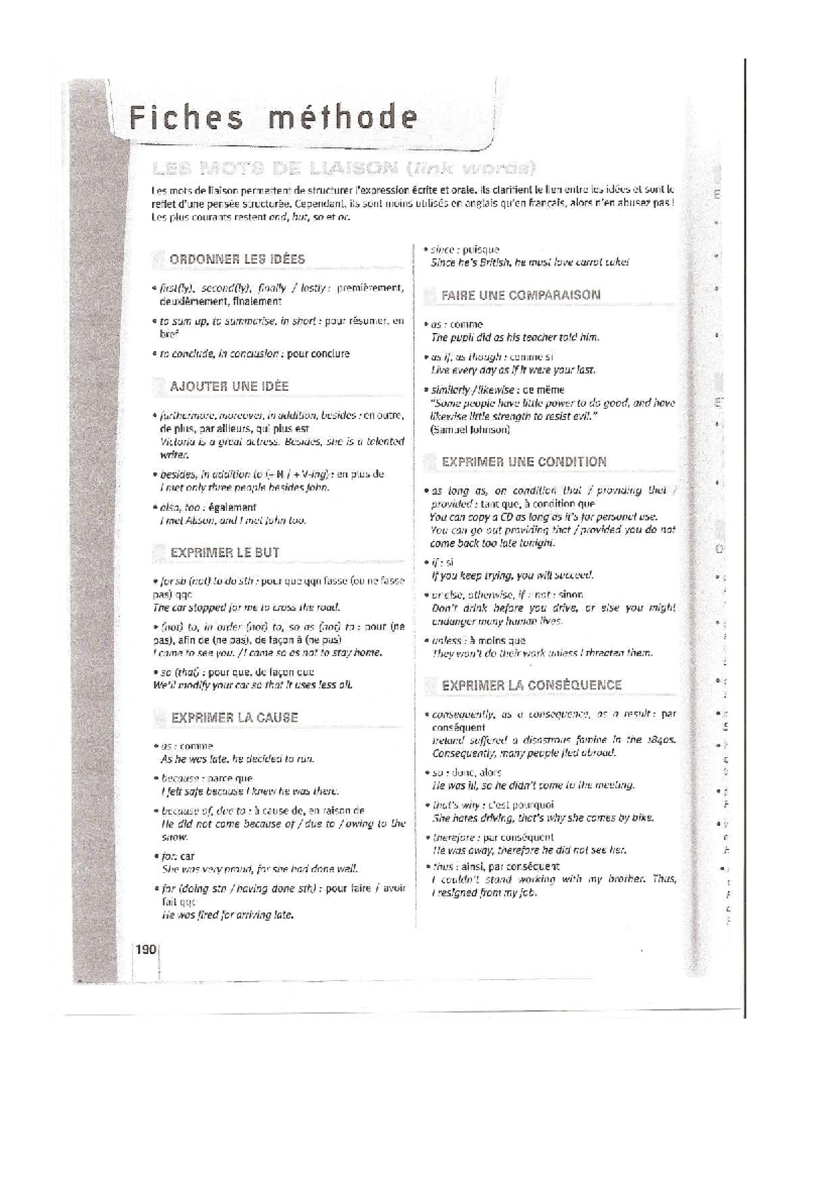 Fiches méthode: Les mots de liaison en français - DC