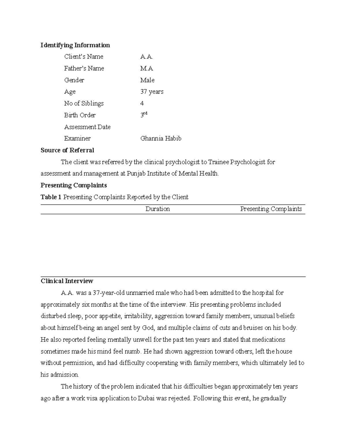 Psychological Assessment Report: A.A. (F20.0) - Case Study - Studocu