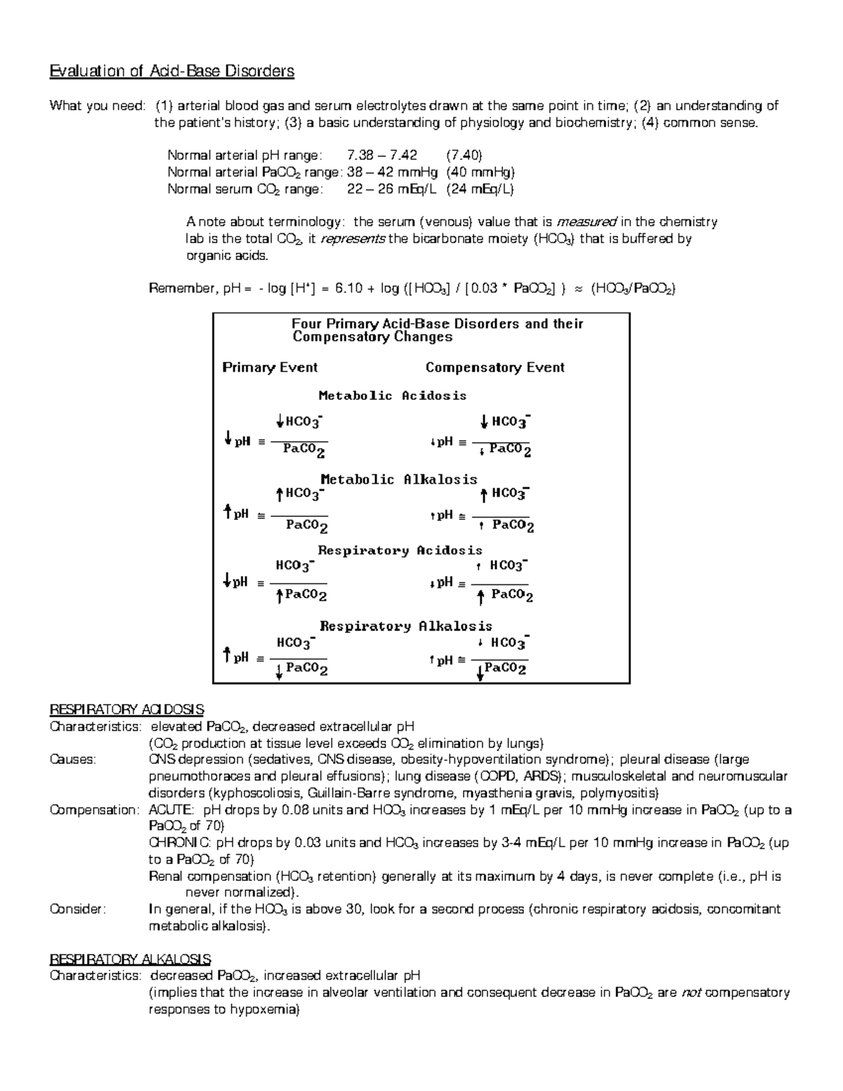 Evaluation of Acid-Base Disorders: Key Concepts and Calculations - Studocu