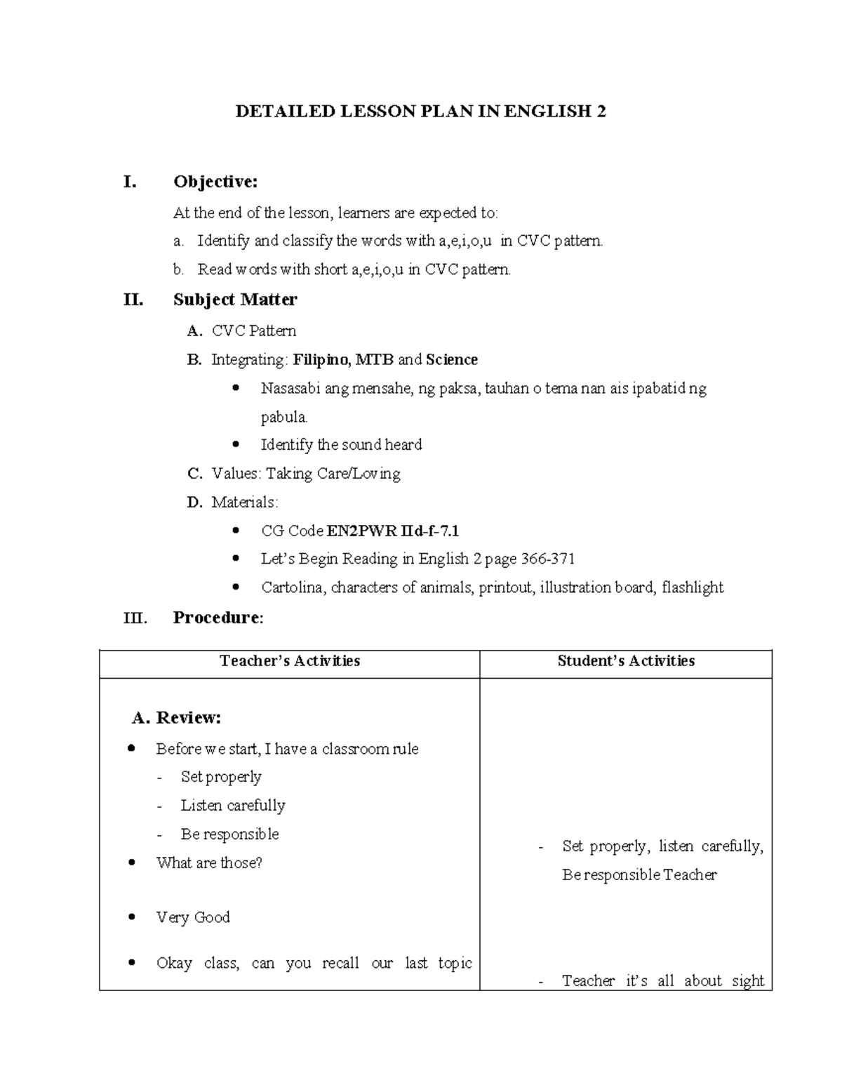 English 2 Detailed Lesson Plan: Mastering CVC Words and Reading Skills ...