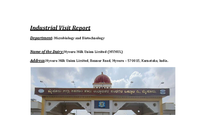Industrial Visit Report: Mysuru Milk Union Limited (MYMUL) Insights ...