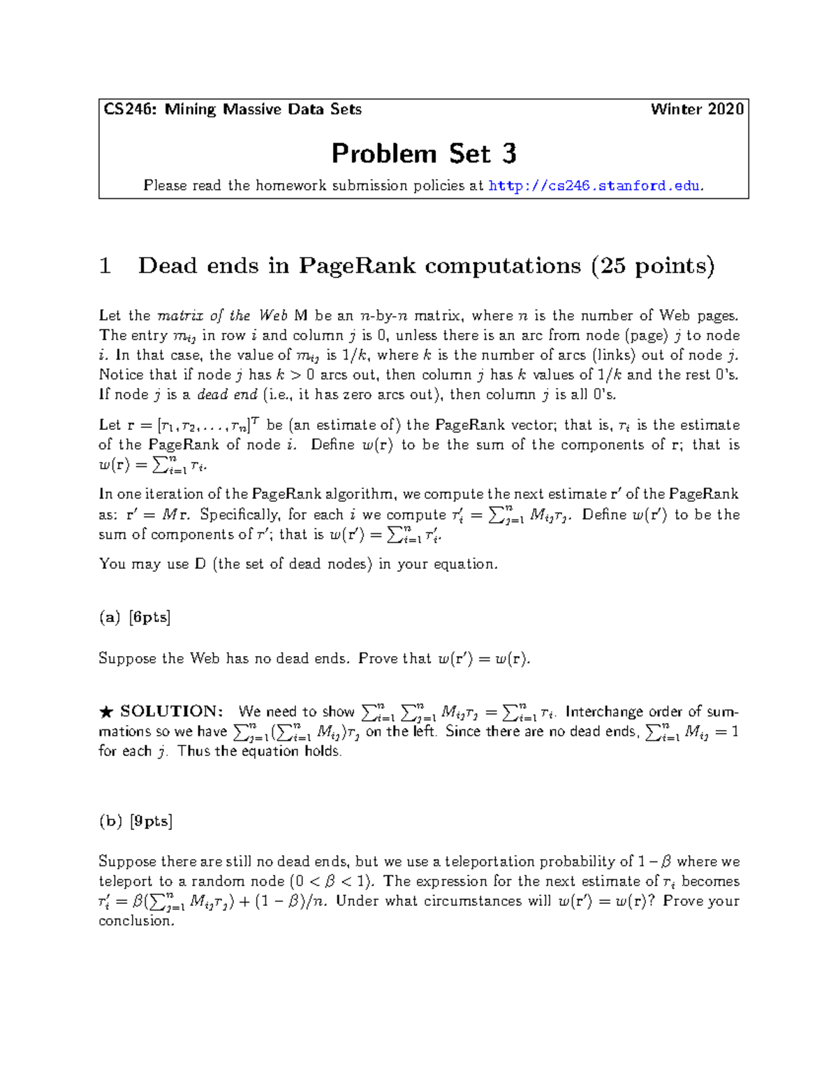 HW3 2020 CS246 Solutions - CS246: Mining Massive Data Sets Winter 2020 Problem Set 3 Please read ...