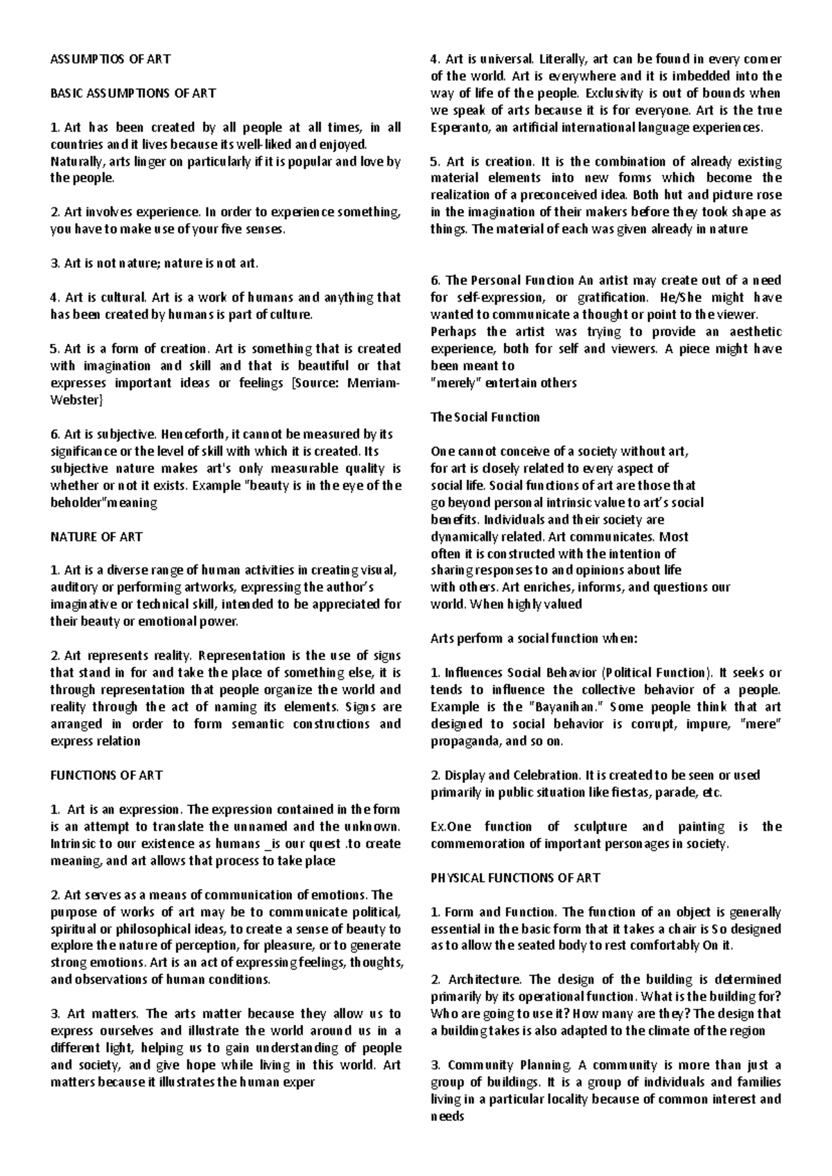 ART 101: Basic Assumptions, Functions, and Elements of Art - Studocu