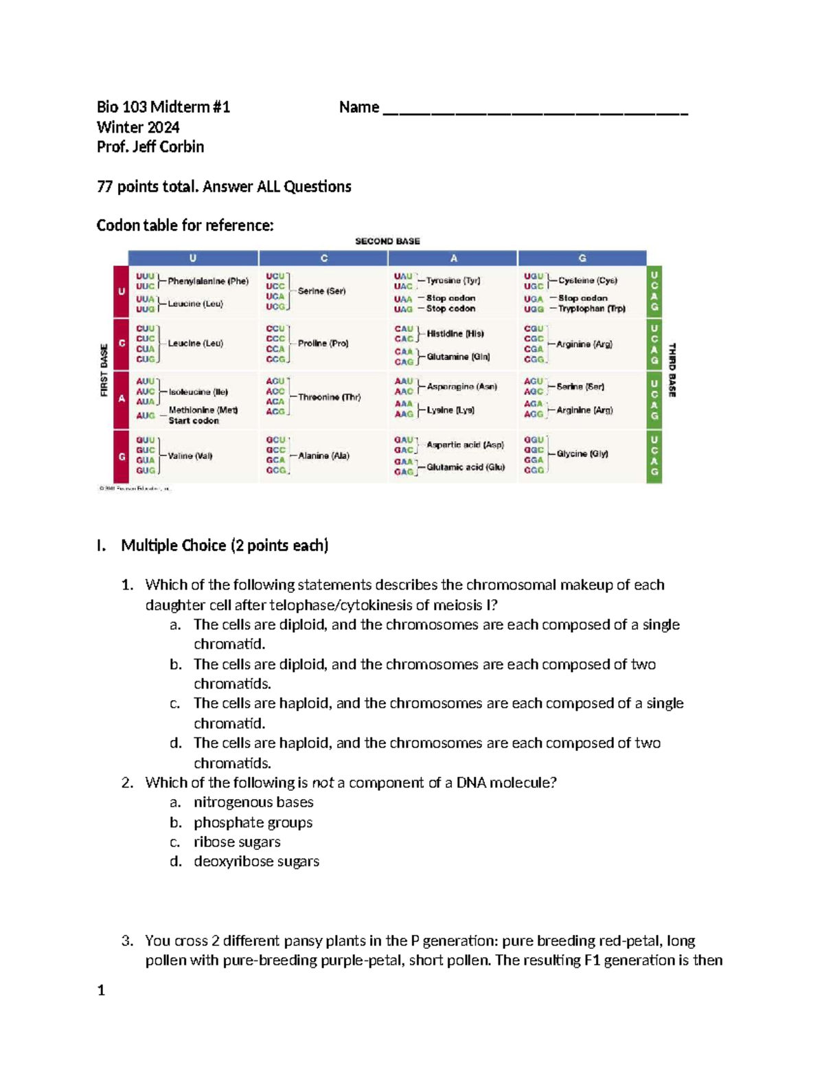 Bio 103 Midterm Exam Study Guide - Winter 2024 - Studocu