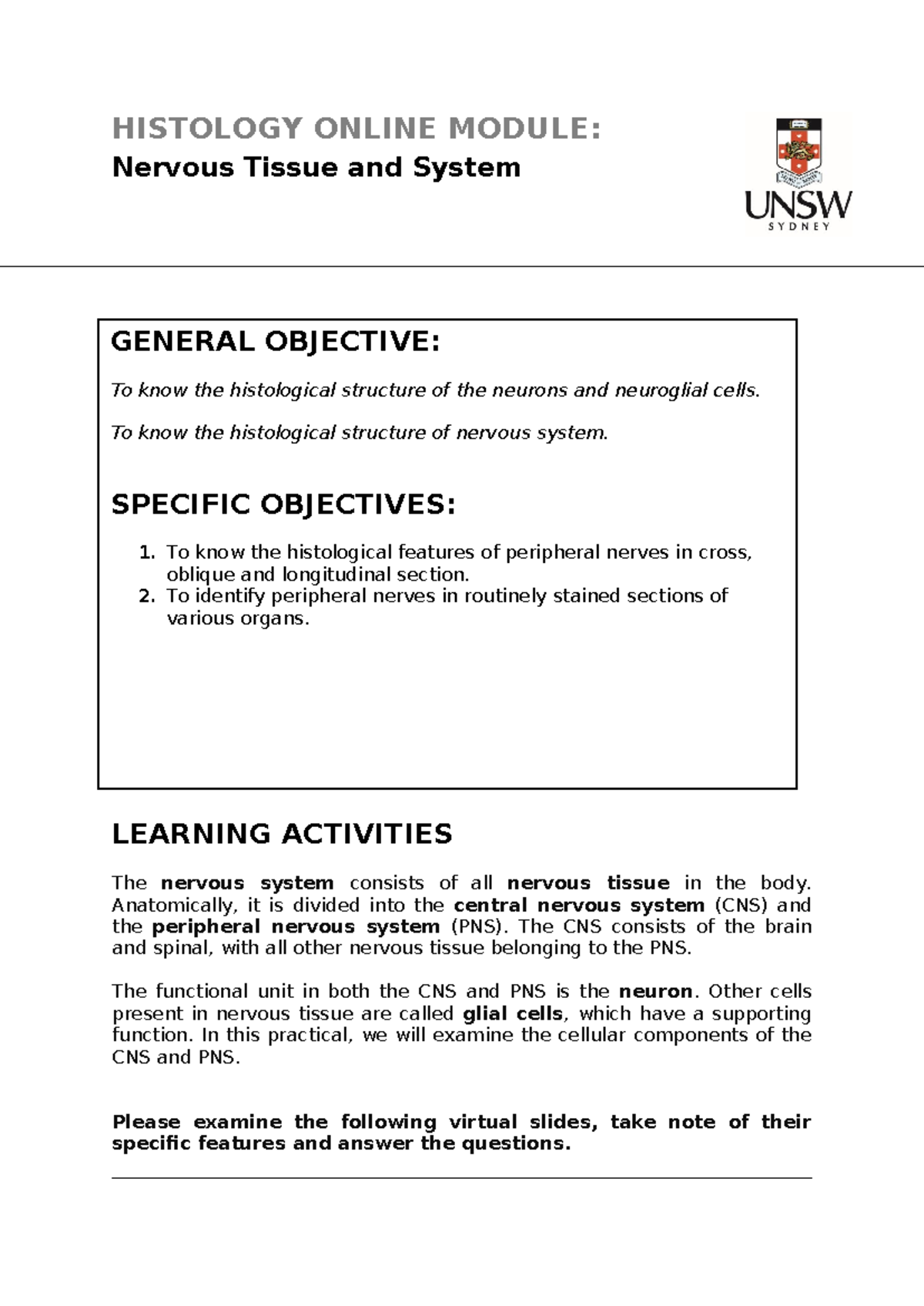 ANAT2241 - Nervous Tissue & System Practical Guide - Studocu