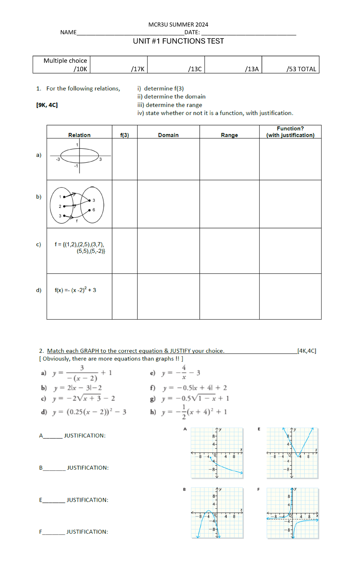 Unit 1 Test - Functions test - MCR3U SUMMER 2024 NAME ...