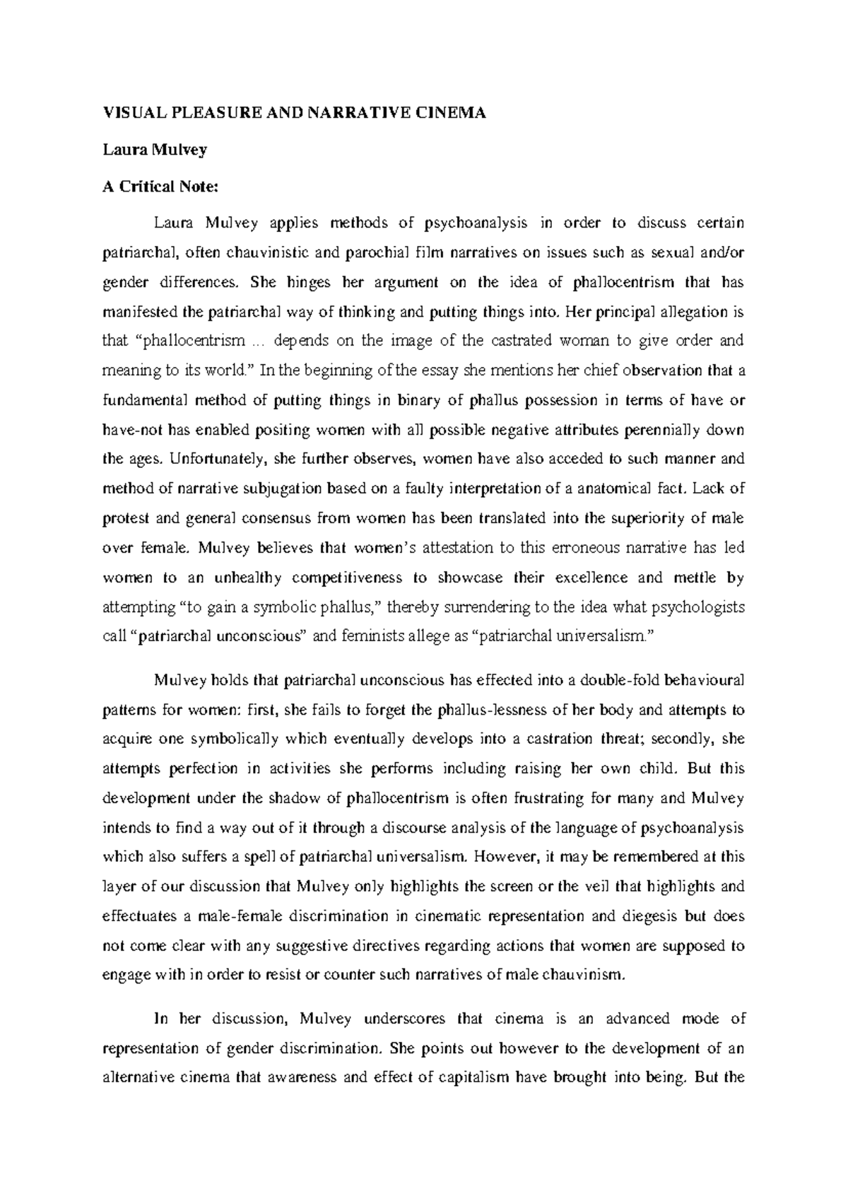 Visual Pleasure AND Narrative Cinema - VISUAL PLEASURE AND NARRATIVE ...