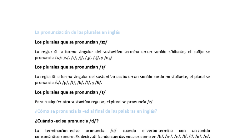 La pronunciación de los plurales en inglés: Reglas y Ejemplos - Studocu