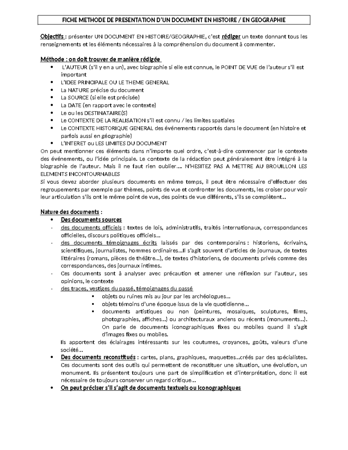 Méthode de Présentation d'un Document en Histoire/Geographie - Studocu