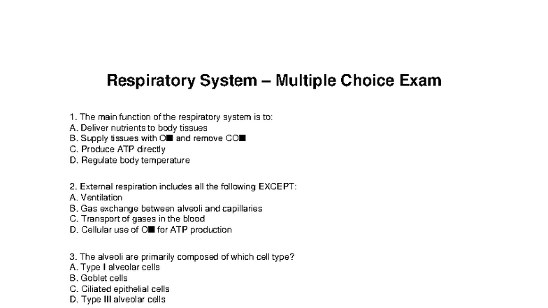 Respiratory System MCQ Exam 1 - Practice Questions - Studocu
