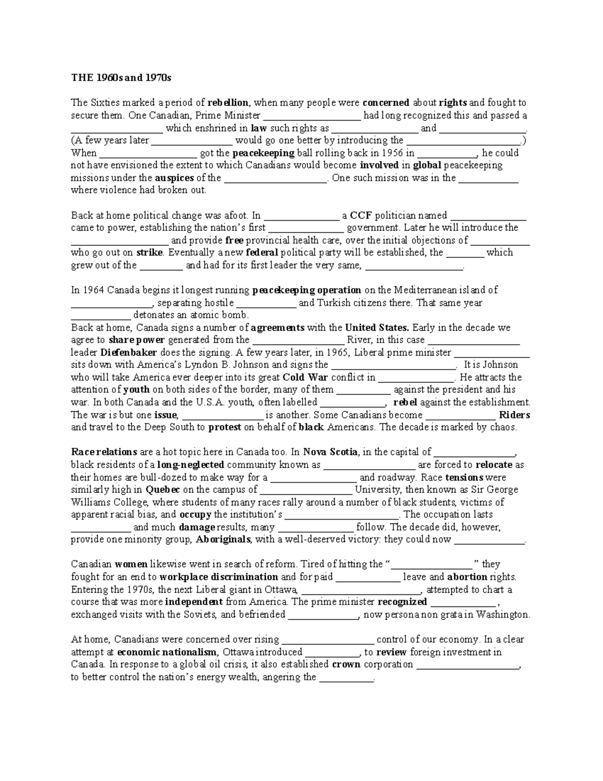 1960s and 1970s: Worksheet on Canada's Social and Political Changes ...