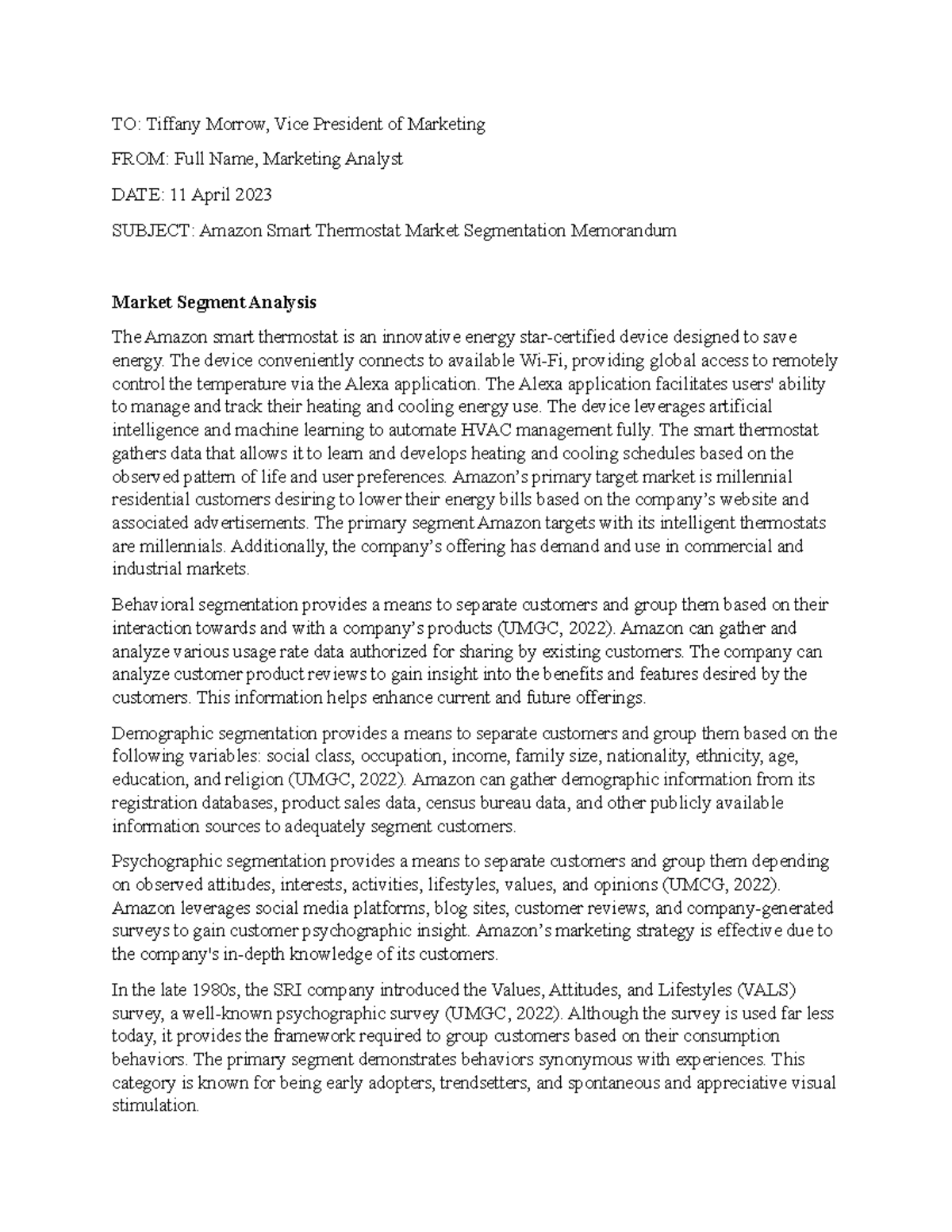 MRKT310 - Market Segmentation Analysis Memo for Amazon Smart Thermostat ...