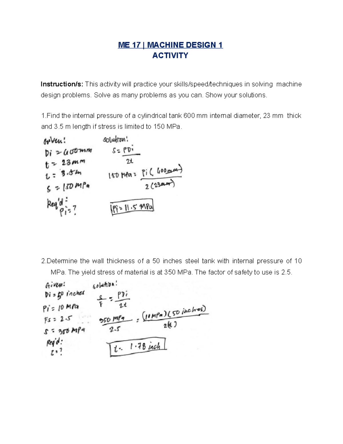Assign 47 - Machine Design 1 Problem Solving (1-7) - ME 17 | MACHINE ...