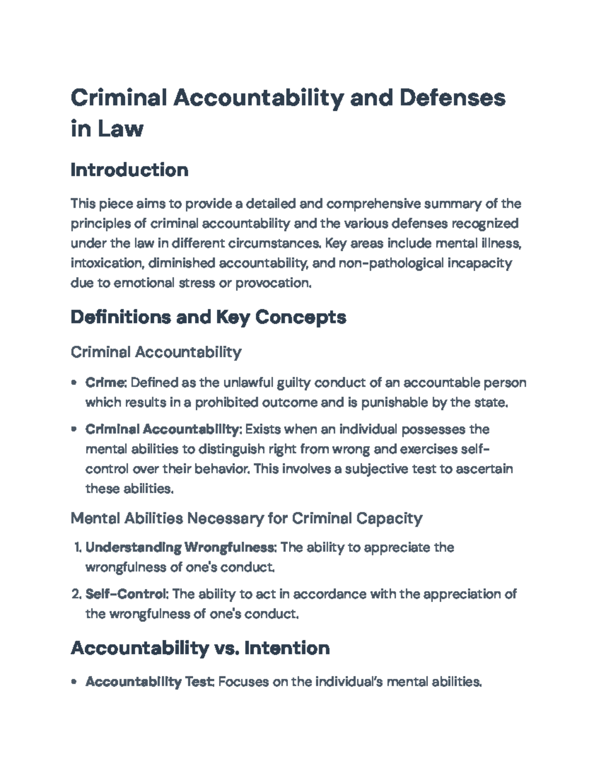 Criminal Accountability and Defenses Overview for Law Course - Criminal ...