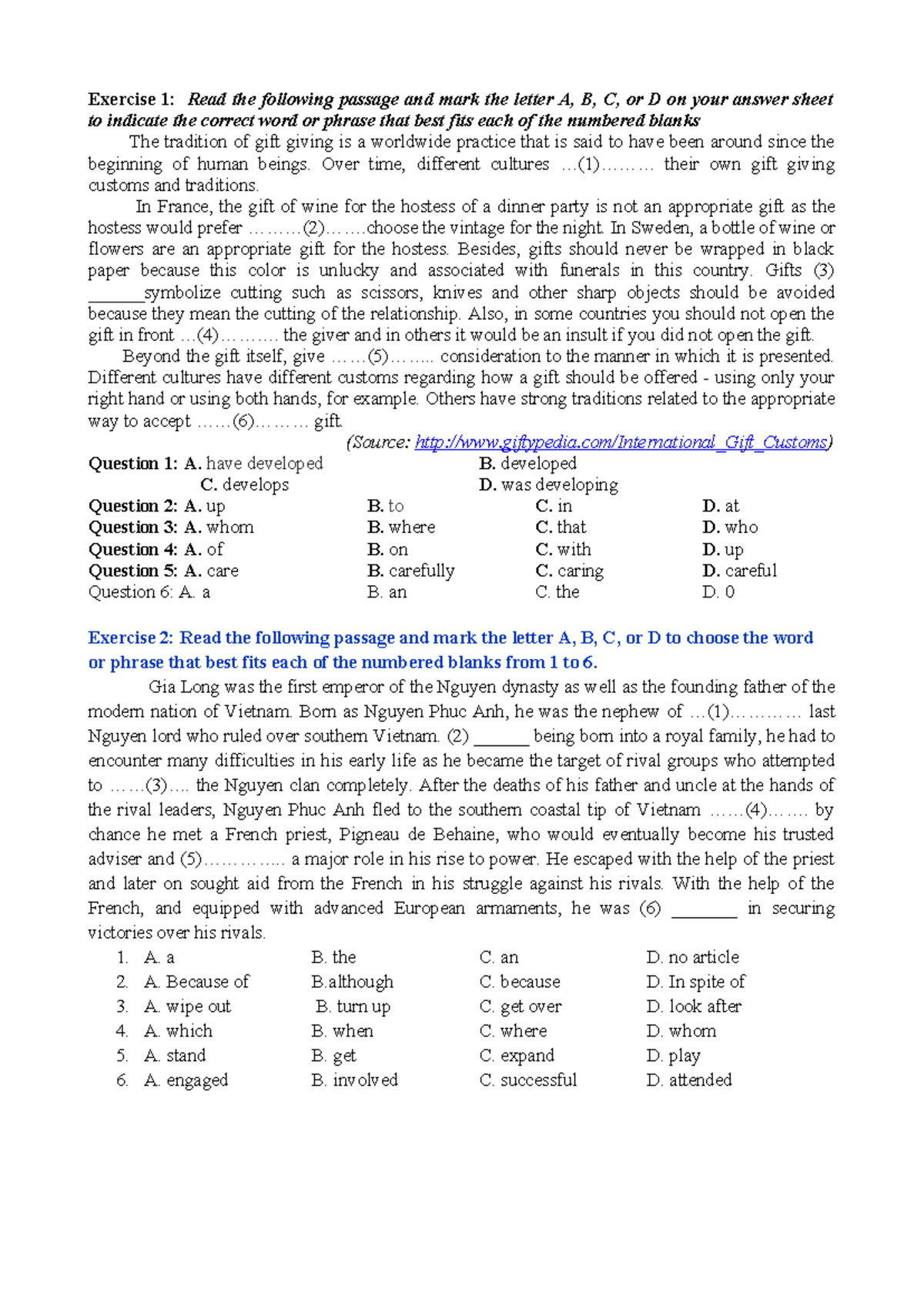 Reading Comprehension Exercises (HK 1) - Gift Giving & Gia Long - Studocu