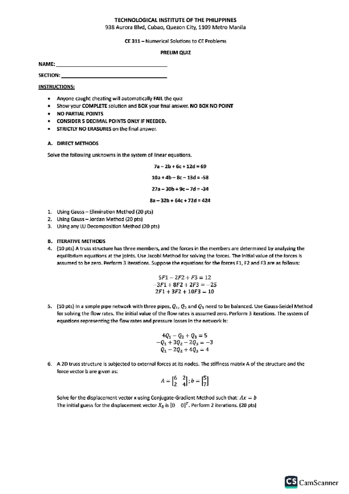 CE 311 Numerical Solutions to CE Problems - Prelim Quiz Notes - Studocu