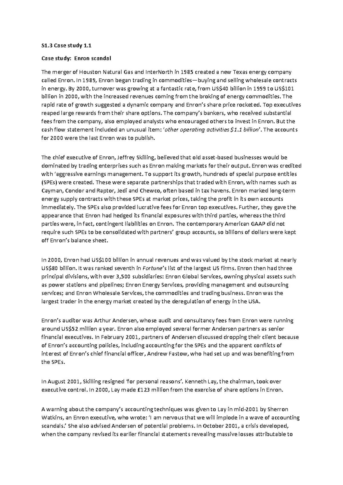 S1.3 Case Study: The Enron Scandal and Its Implications - Studocu