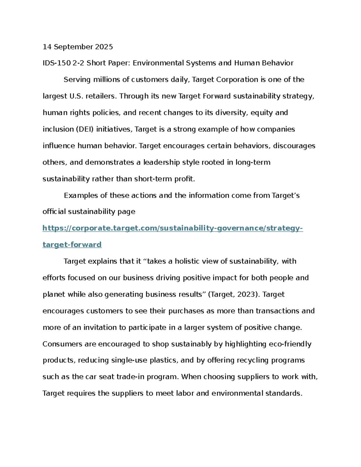 IDS 2-2 Short Paper: Target's Sustainability & Human Behavior - Studocu