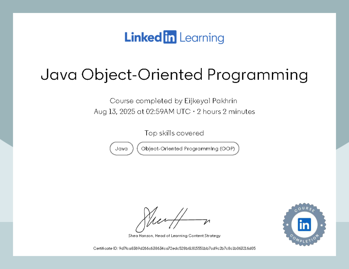 Java Object Oriented Programming Certificate - Java Object-Oriented ...