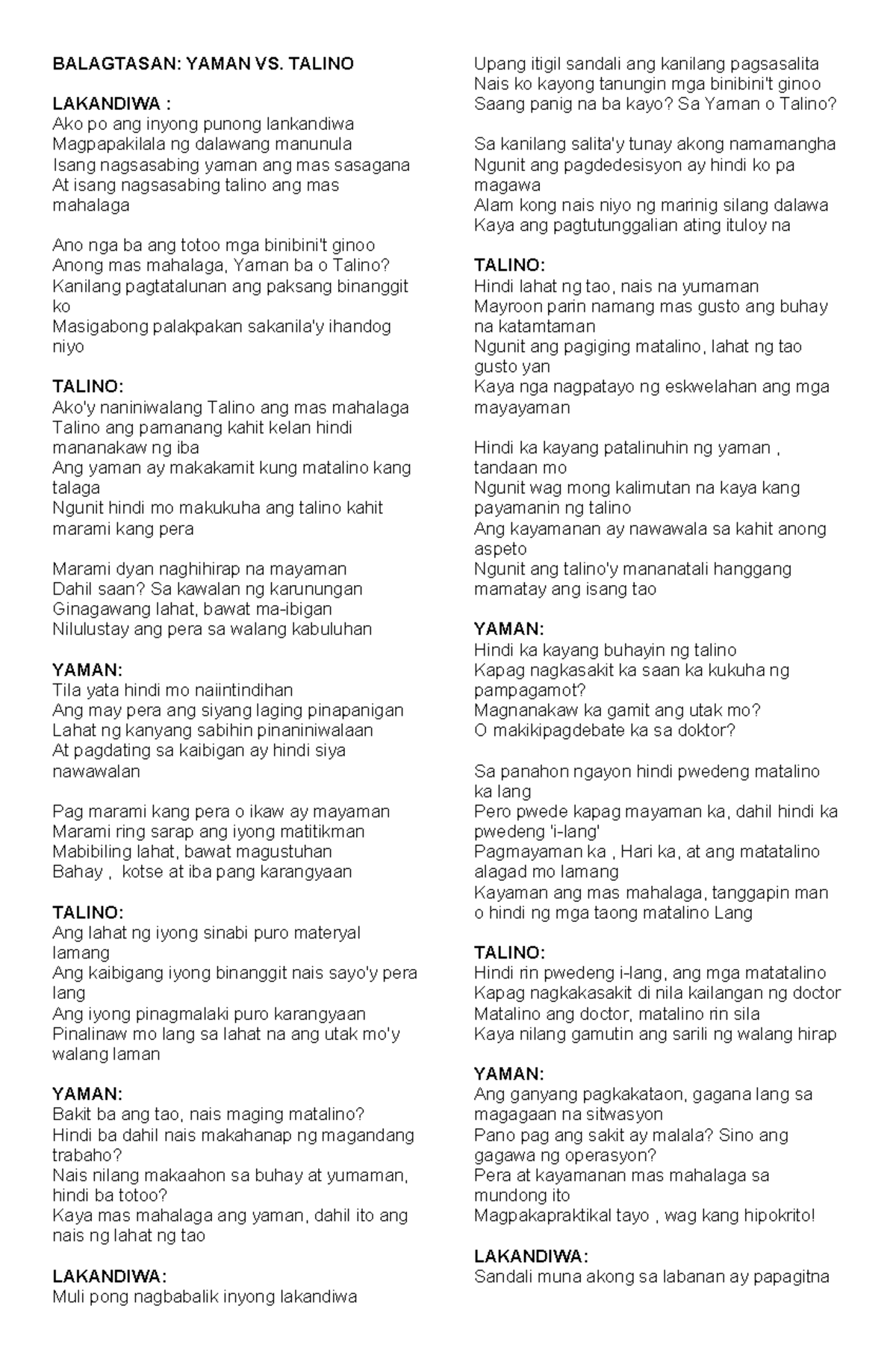 Yaman vs Talino: Balagtasan para sa Akademikong Layunin - Studocu