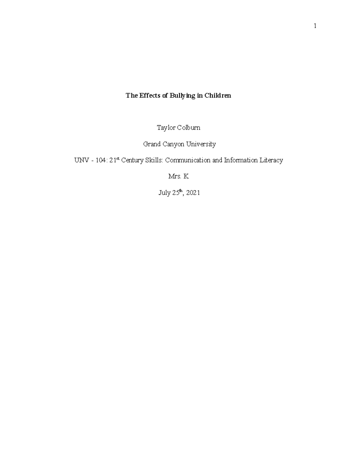 Expository Essay First Draft - The Effects of Bullying and Children ...