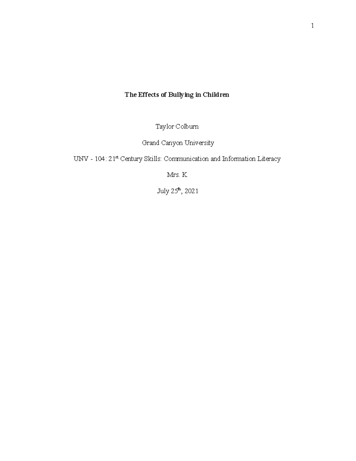 UNV 104 RS T3 Expository Essay Outline: Impact of Bullying on Children ...