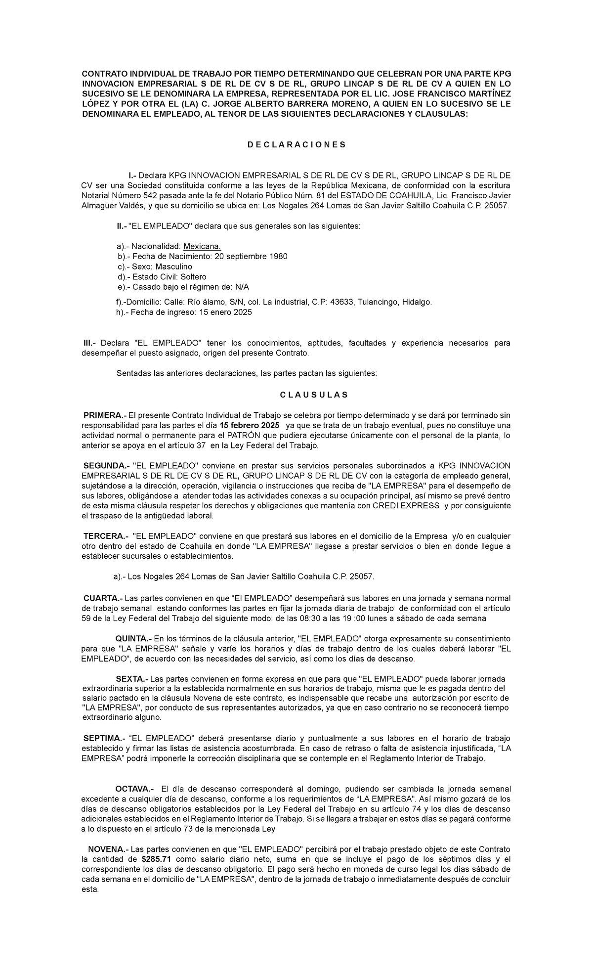 Contrato Individual de Trabajo Tiempo Determinado KPG y Grupo Lincap ...