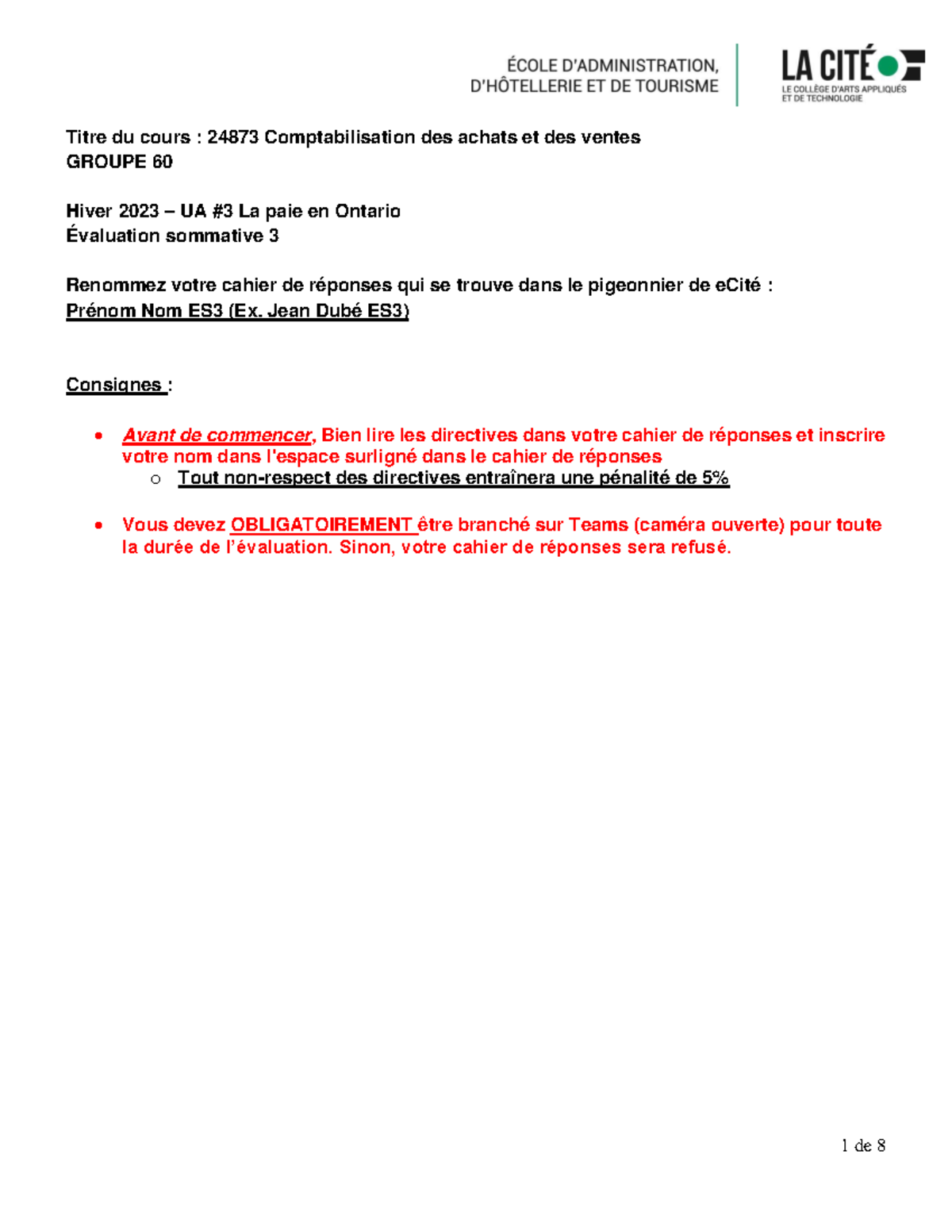 24873 UA3 ES Évaluation Sommative 3 - La Paie en Ontario - Studocu