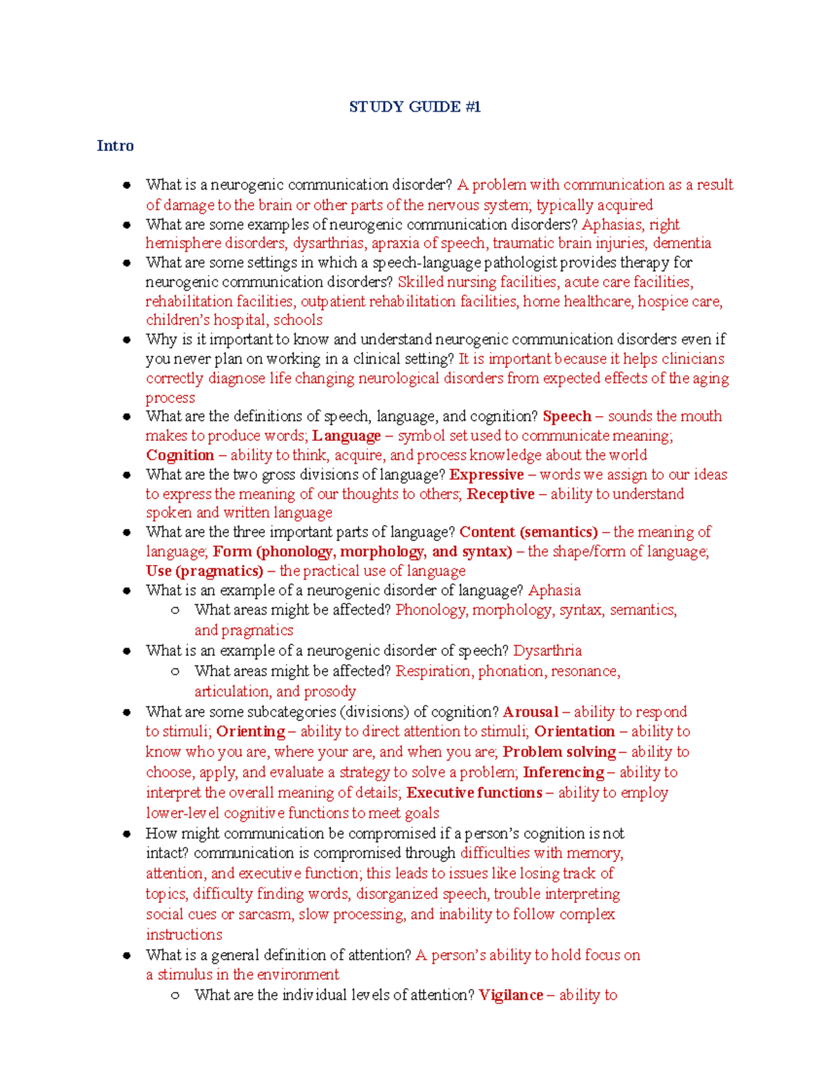 Study Guide #1: Neurogenic Communication Disorders - Studocu