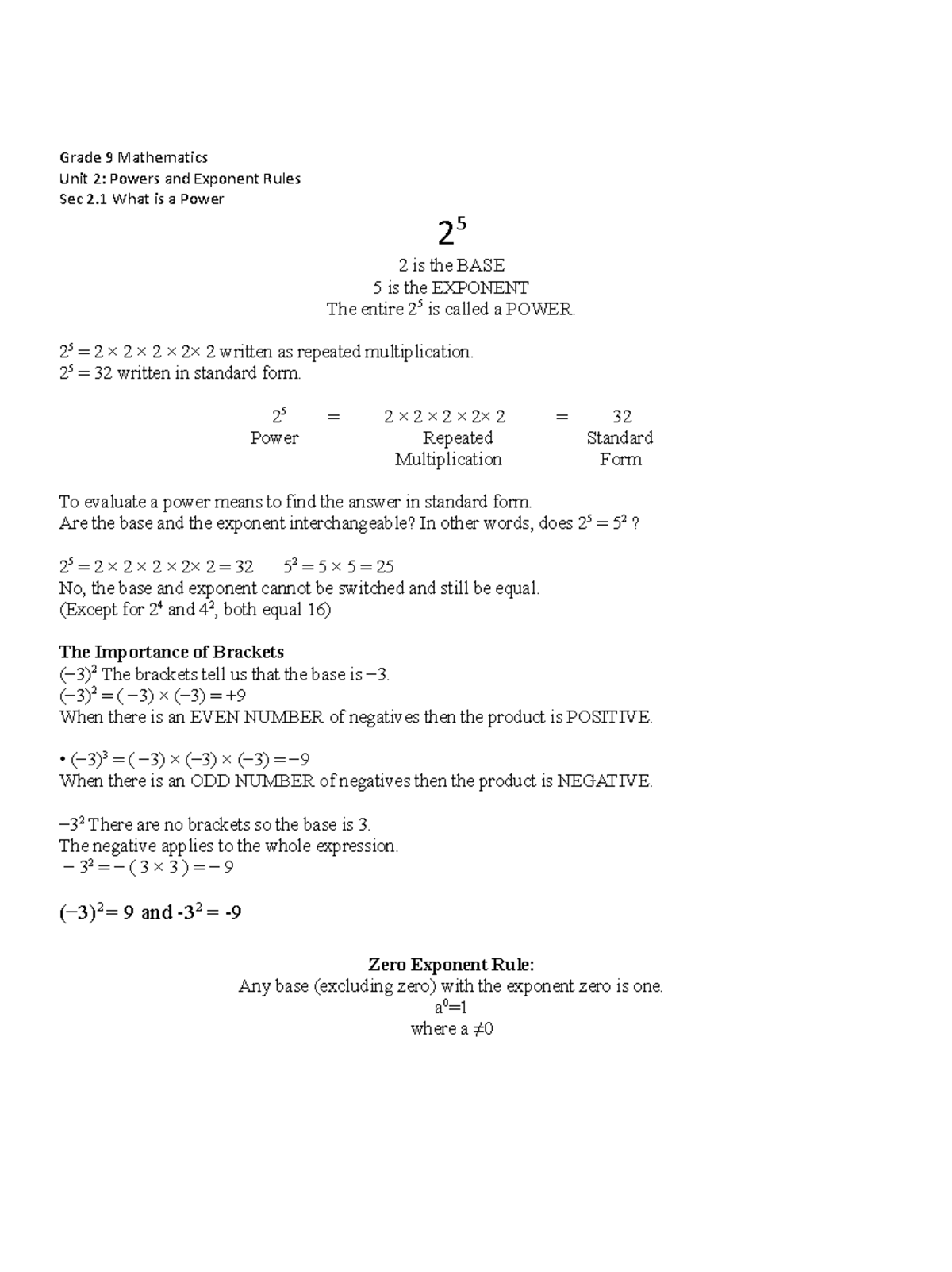 Grade 9 Math: Powers & Exponents Notes for Unit 2 Study Guide - Studocu