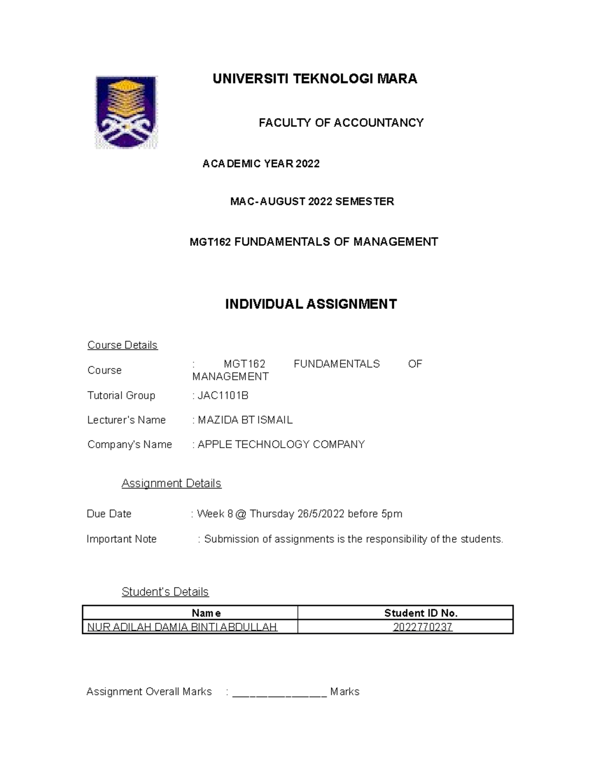 MGT162 Individual Assignment: Strategic Management of Apple Inc. - Studocu