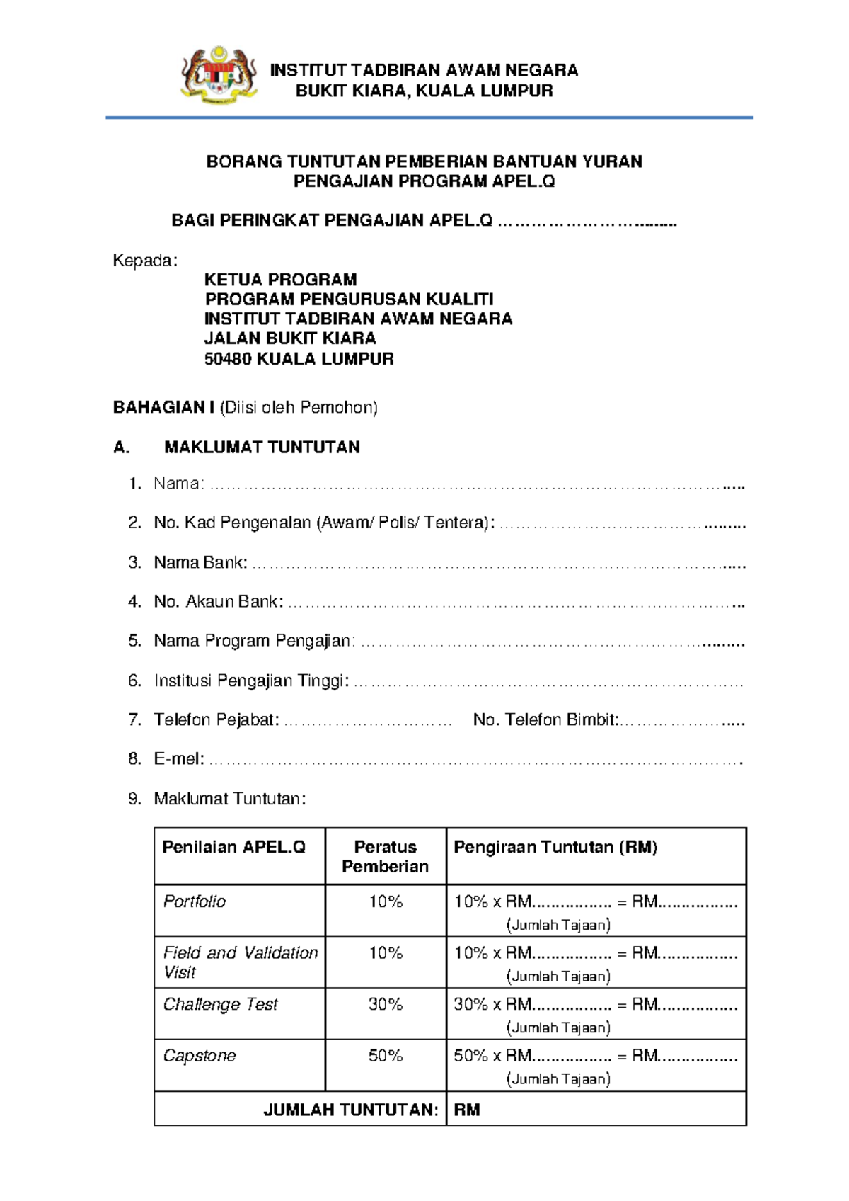 Borang Tuntutan Bantuan Yuran Pengajian APEL.Q - Studocu