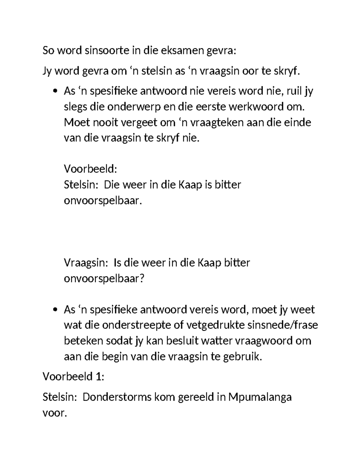 Soorte Sinne & Vraagsinne - Afrikaans Taalstudie Document - Studocu