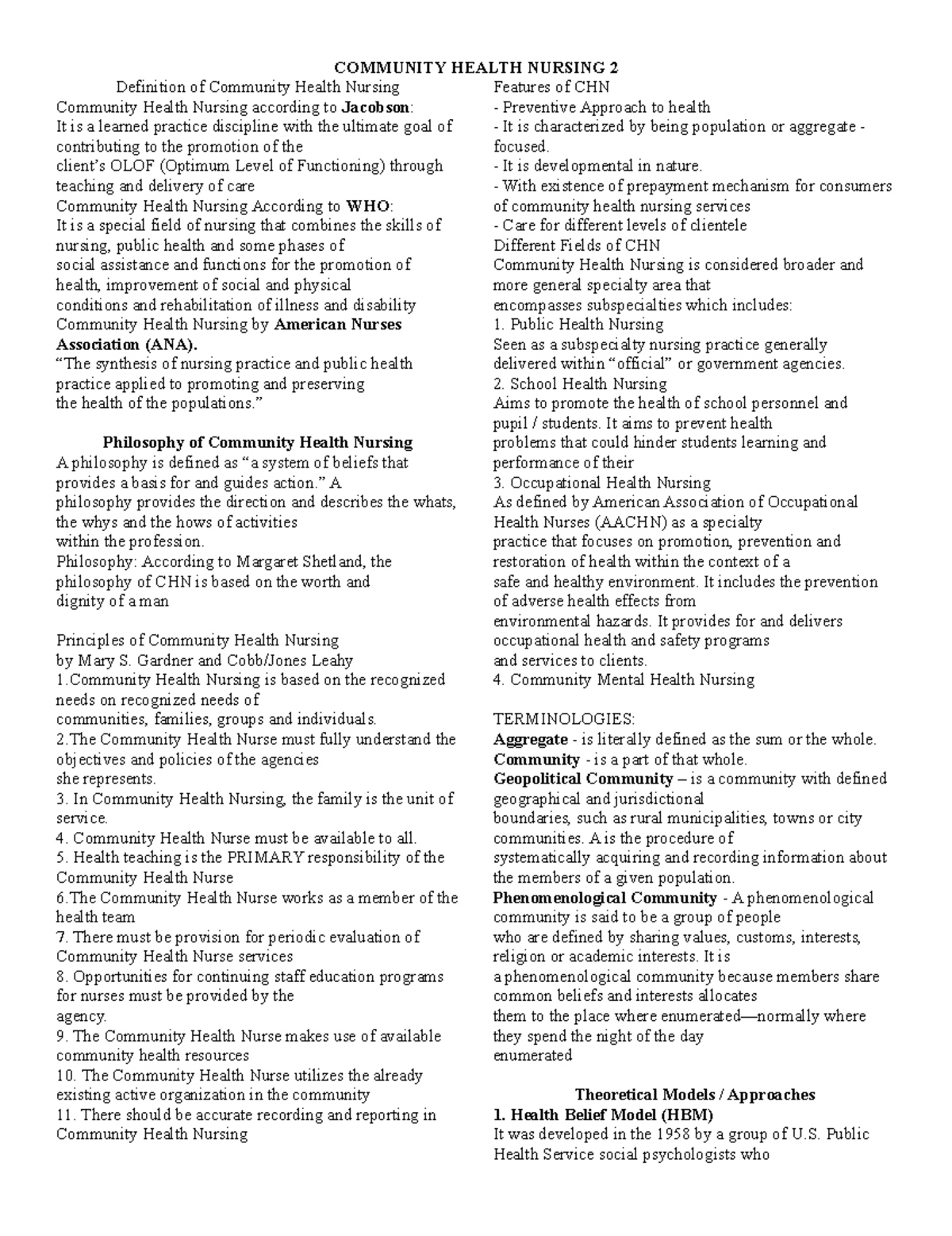 CHN 2 Week 1 Notes: Introduction to Community Health Nursing - Studocu