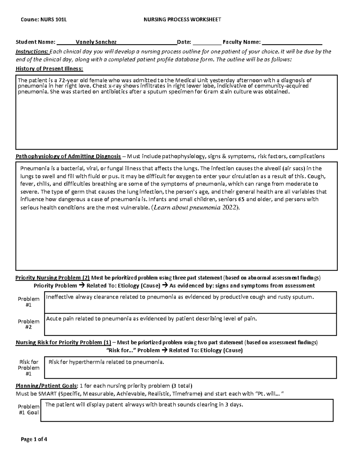Nursing Process Worksheet - Student Name: ______Vanely Sanchez ...