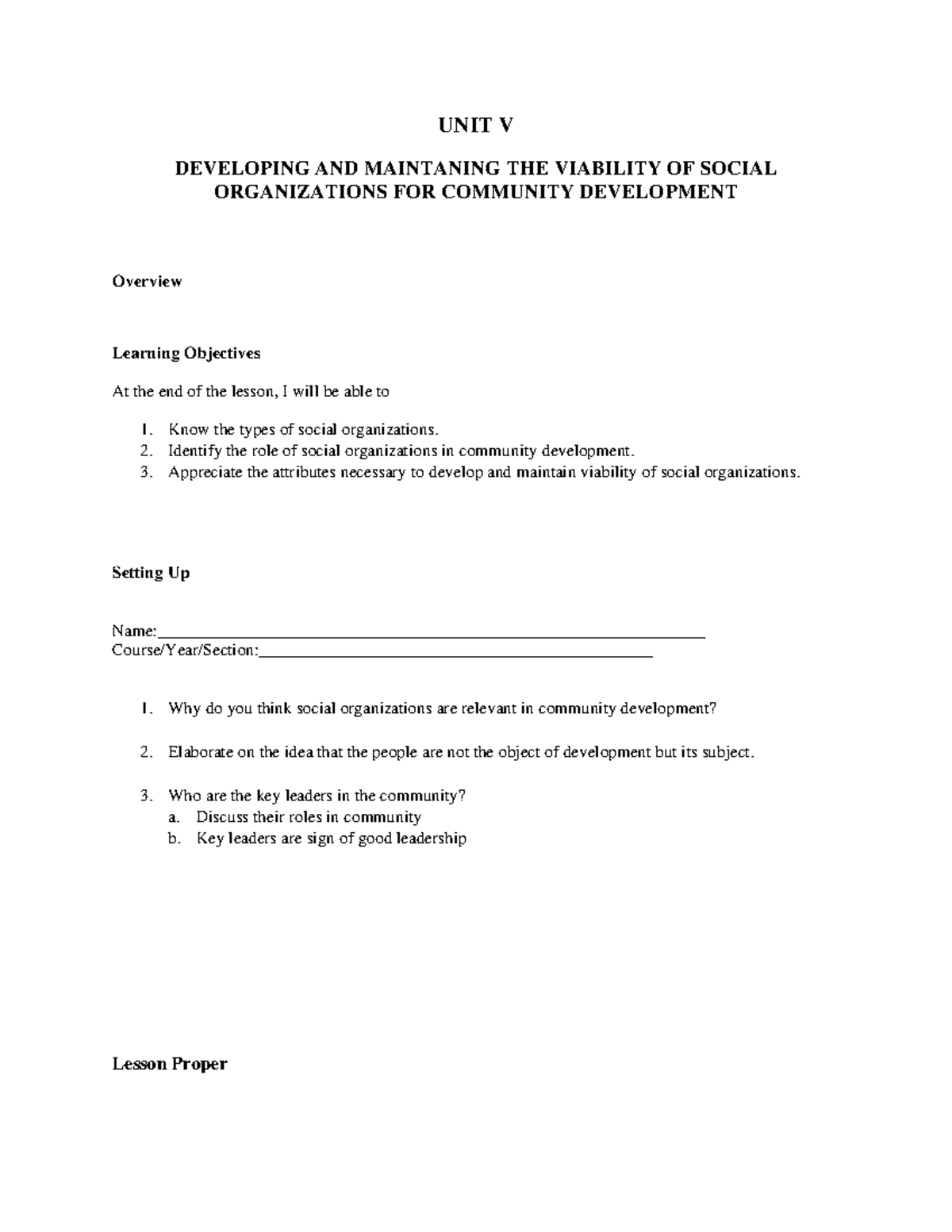 NSTP Module UNIT 5-DEVELOPING AND MAINTANING THE VIABILITY OF SOCIAL ...