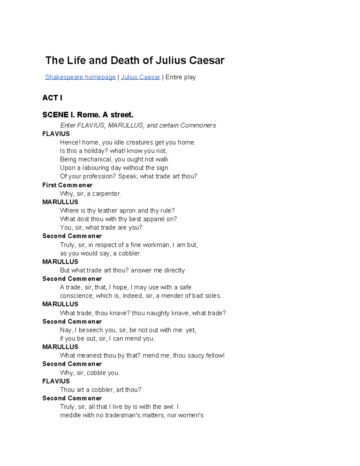 Julius Caesar (ENG 101) - Act I Scene I Analysis and Summary - Studocu