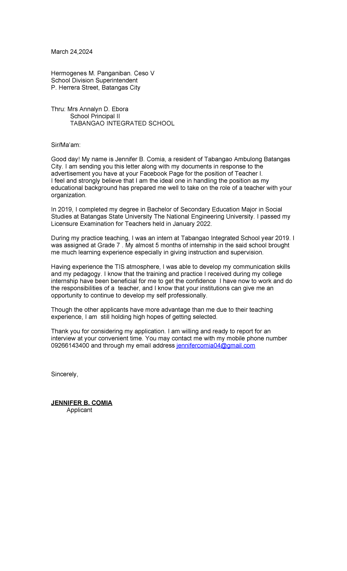 Letter of Intent for Teacher I Position - Application from J. B. Comia ...