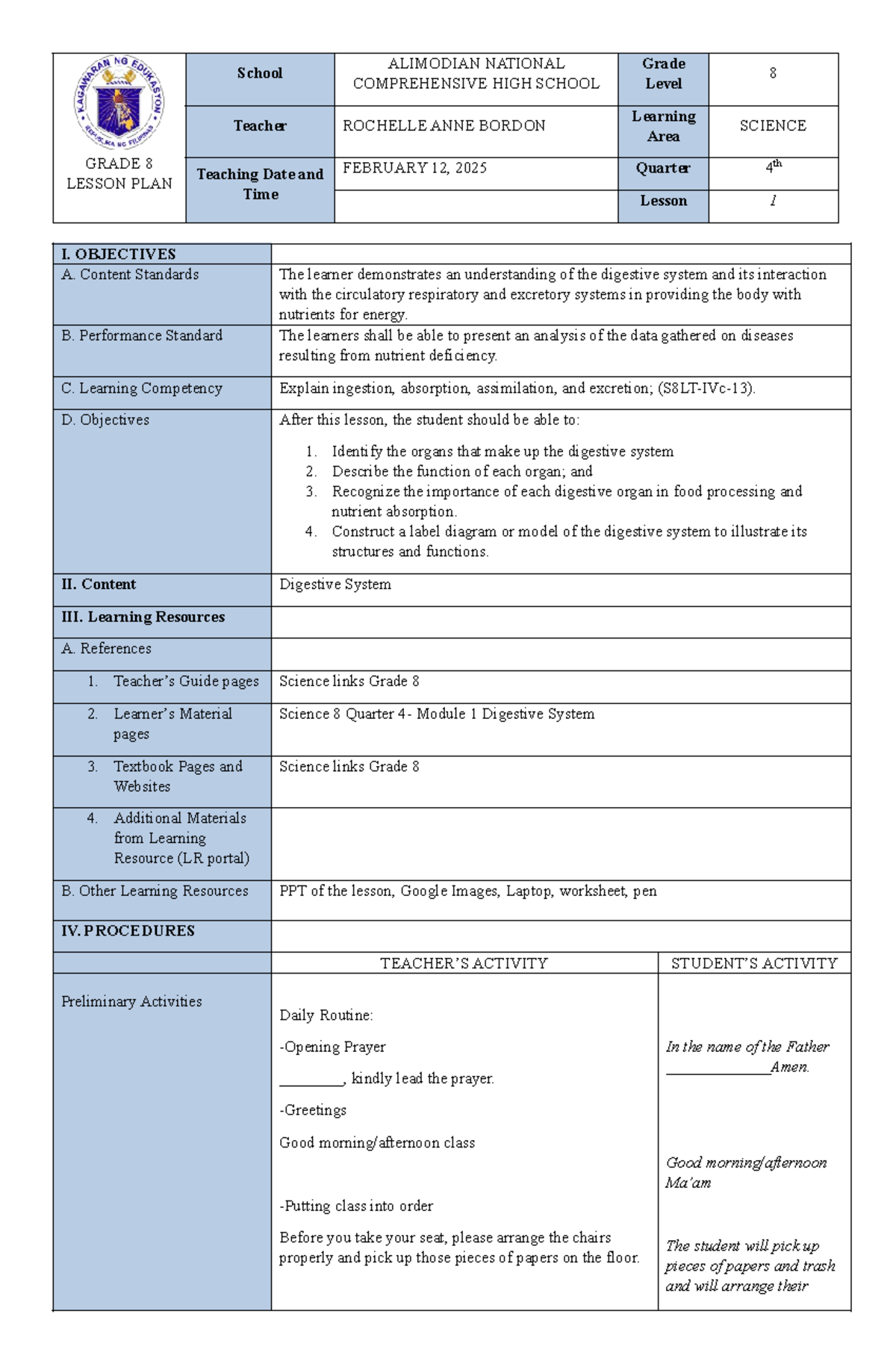 Lesson Plan for Grade 8 Science: Exploring the Digestive System - Studocu