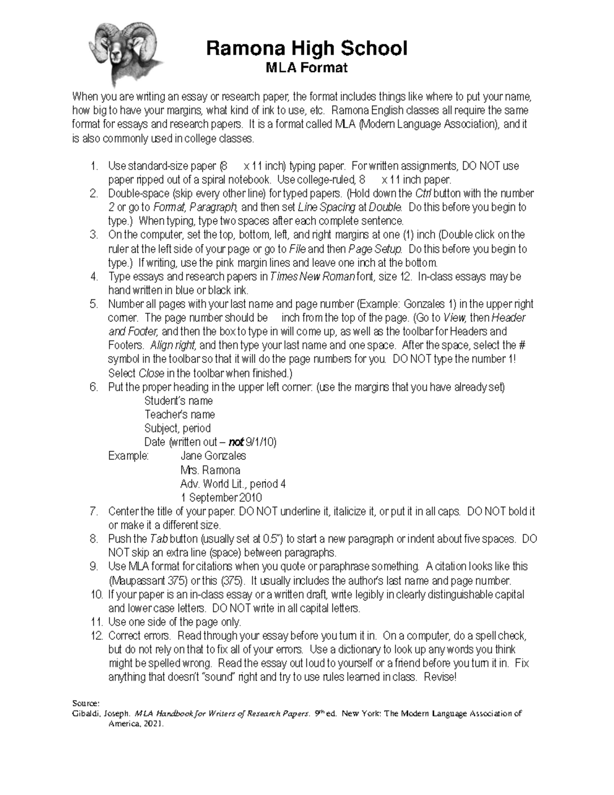 MLA Format Guidelines for Ramona High School Essays - Studocu